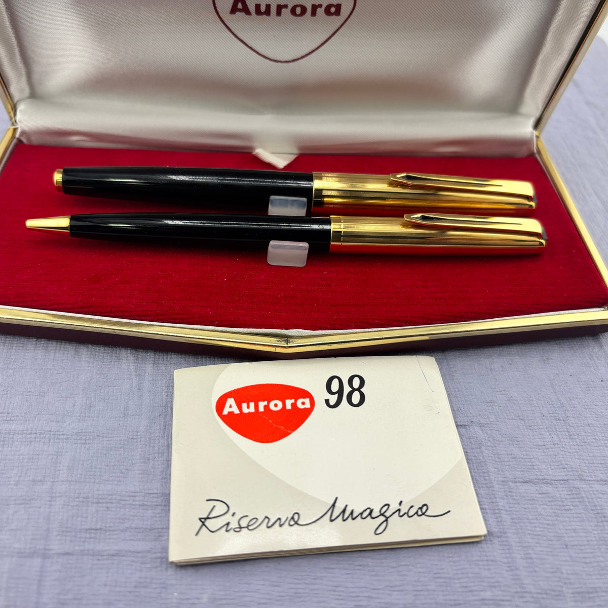 Aurora 98 Riserva Magica Black /gold cap SET - Fountain Pen and Ball P ...